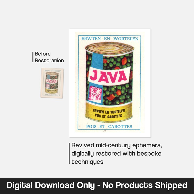 Can Green Peas Vintage Matchbox Label: Java Brand Pink Lettering, Green ...