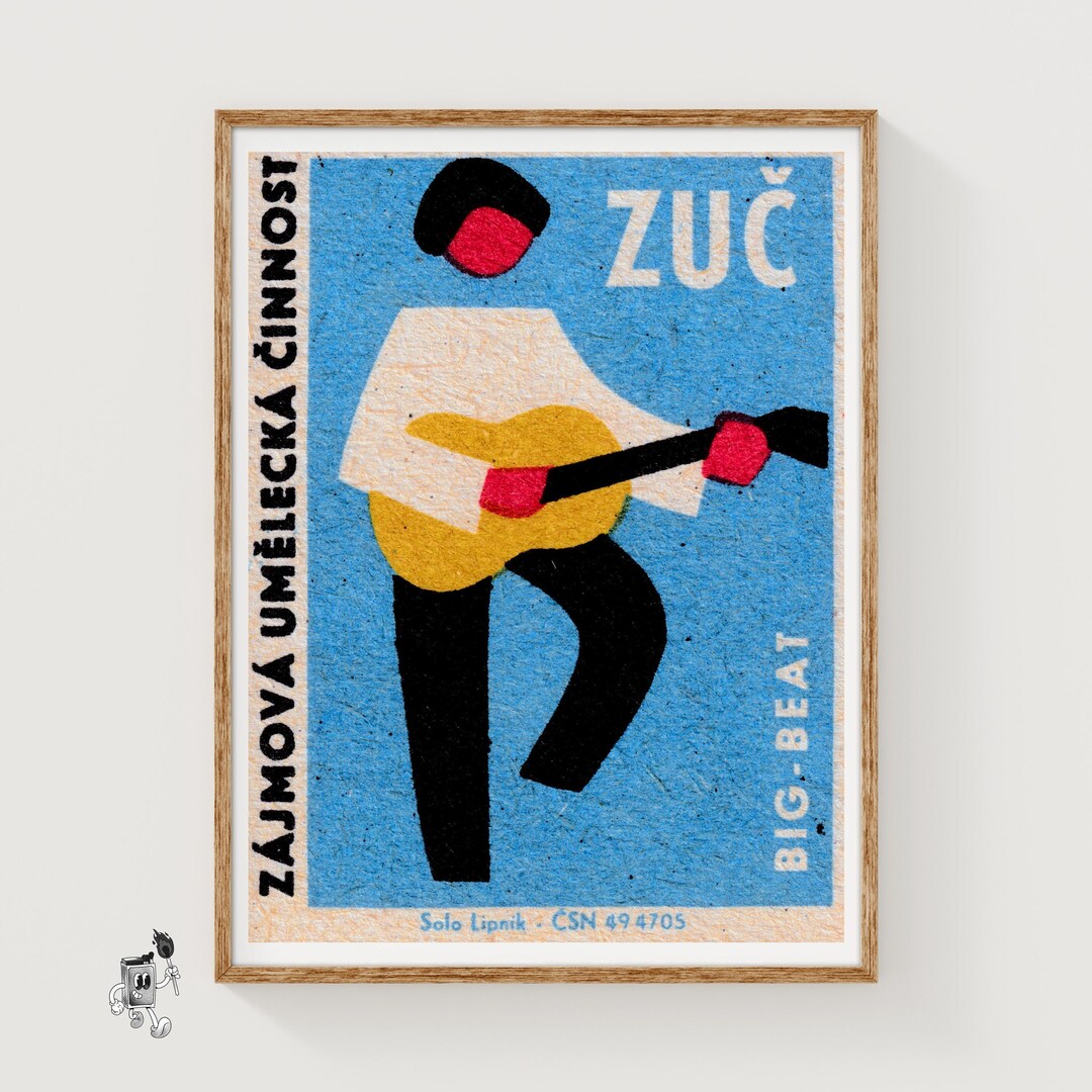 Guitar Player - Matchbox Print - Czech Wall Art - Vintage Czech Art ...