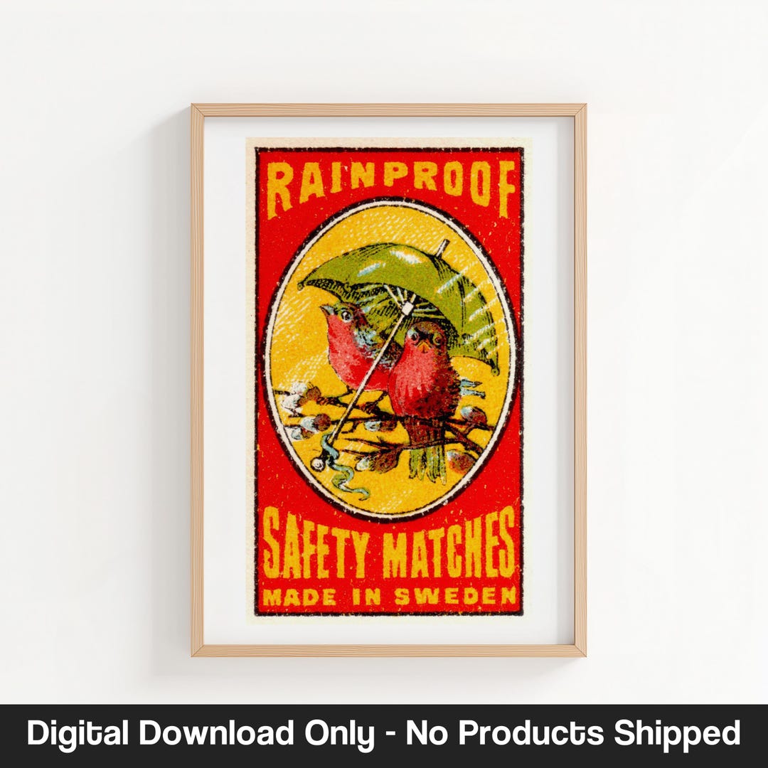 Green Umbrella Birds Vintage Matchbox Art - Printable Wall Decor, Retro ...
