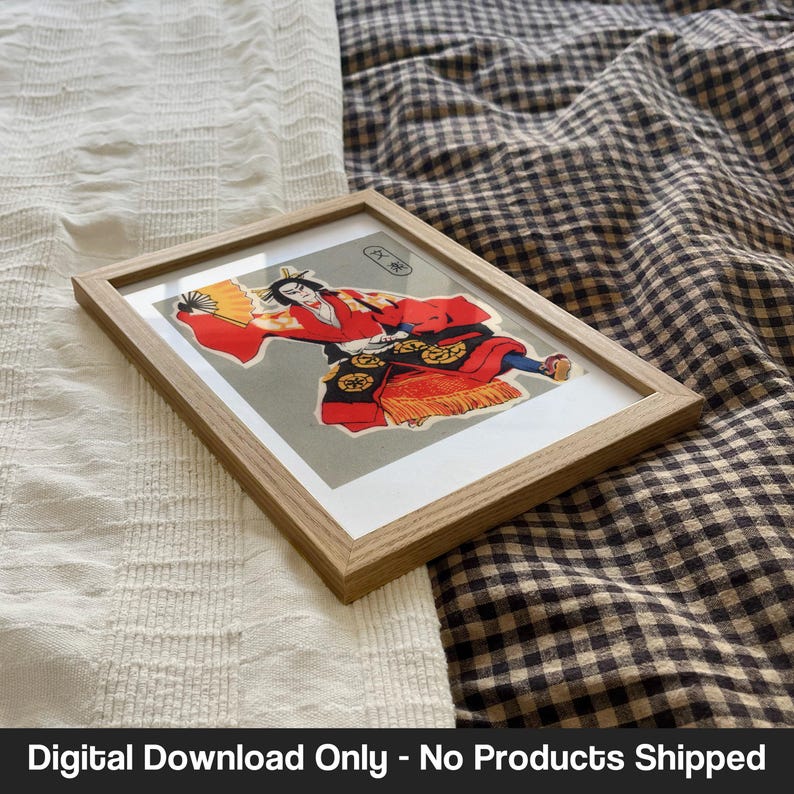 Figure Holding Fan Japanese Vintage Print, Red Black Yellow Accents ...