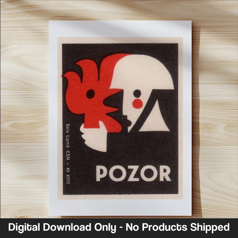 Rooster Face Red Digital Wall Decor: Vintage Matchbox Label Art, Bold ...