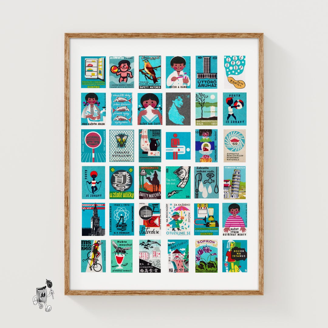 Turquoise Matchbox Labels Grid, Vintage Ephemera Print, Grid Poster for ...