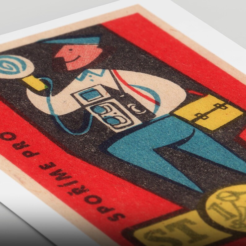 Man Camera Lollipop Label Vintage Matchbox Print, Colorful Graphic ...