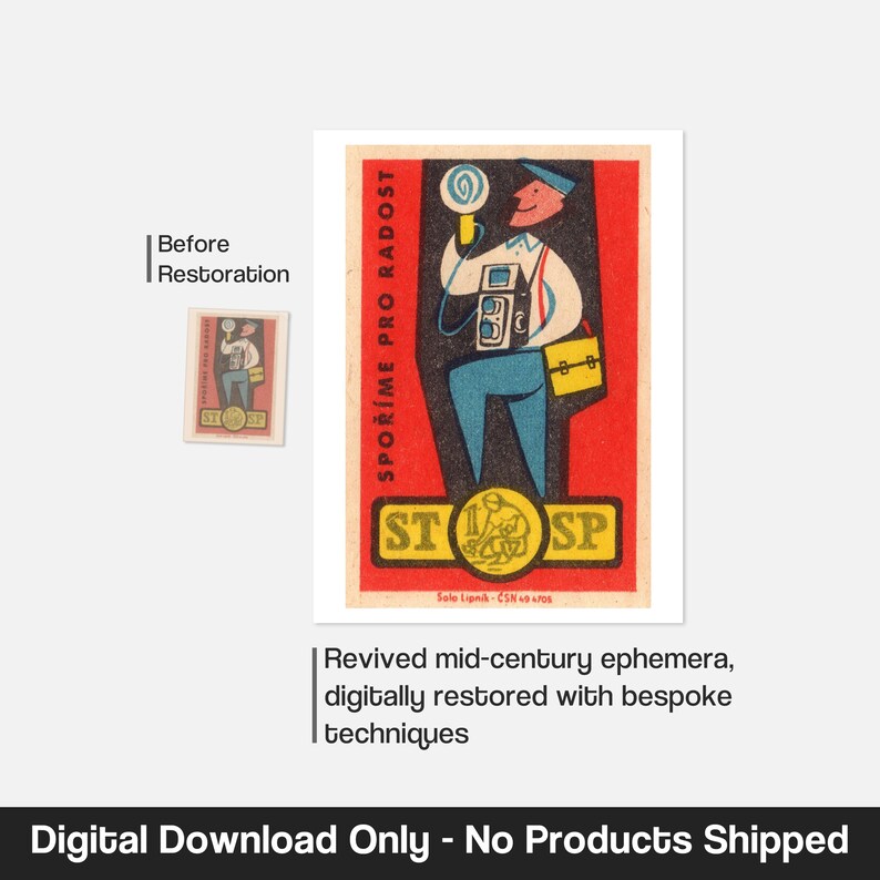 Man Camera Lollipop Label Vintage Matchbox Print, Colorful Graphic ...