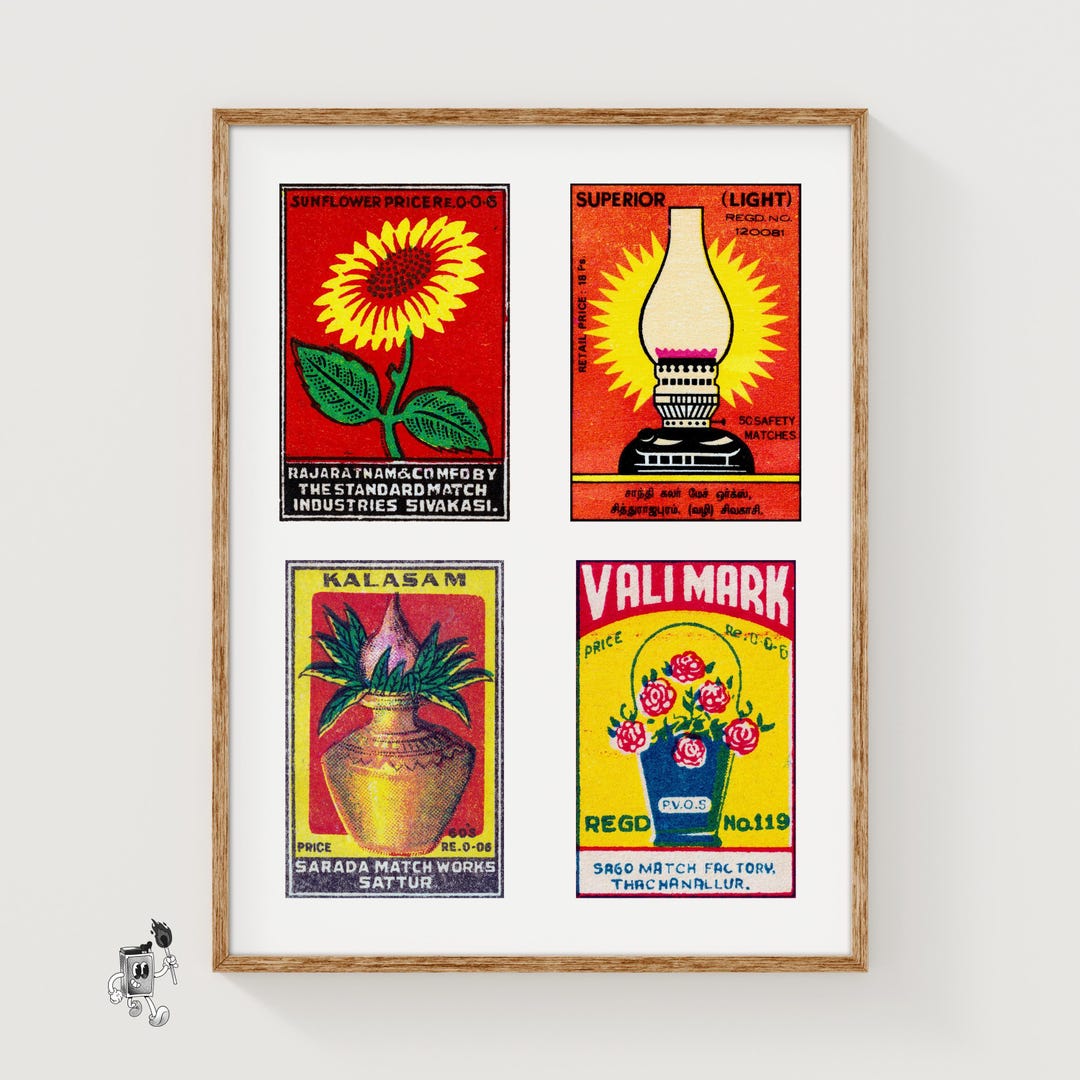 Red Tamil Matchbox Labels Grid Print, Vintage Ephemera Poster, Language ...