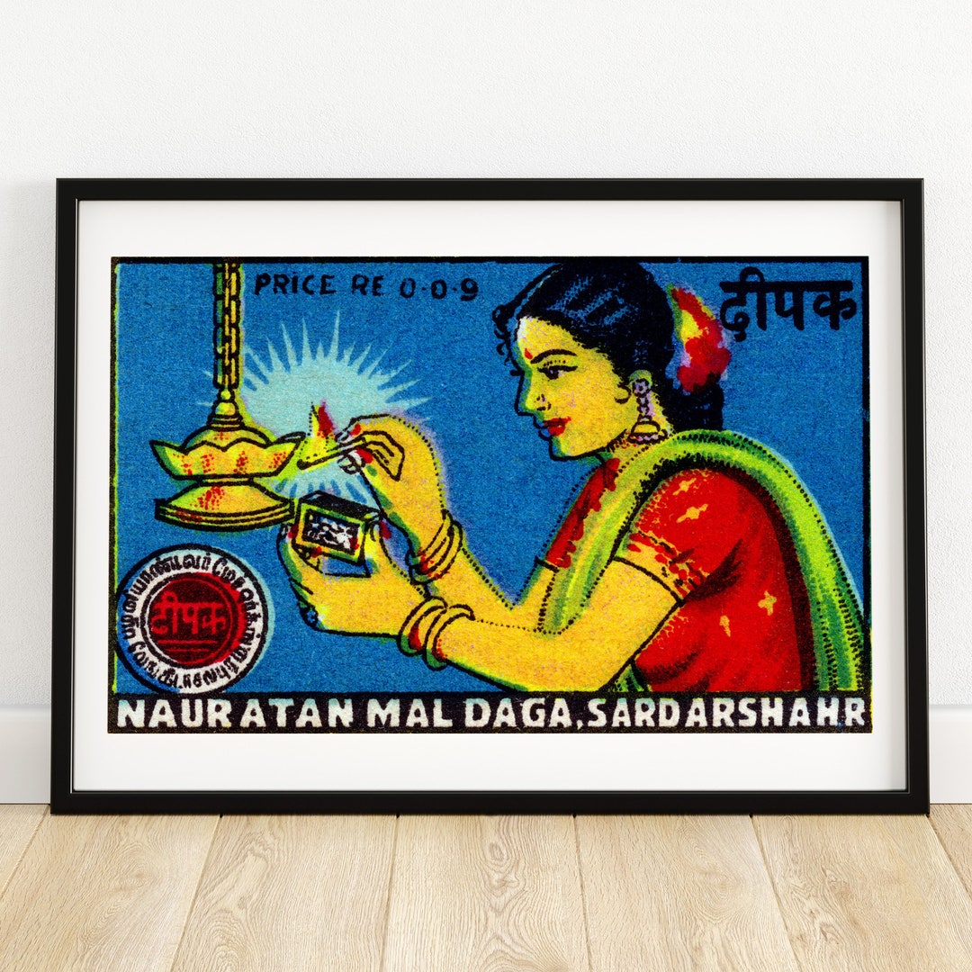 Indian Woman Lighting Lamp Matchbox Print Aesthetic Wall Art Vintage ...