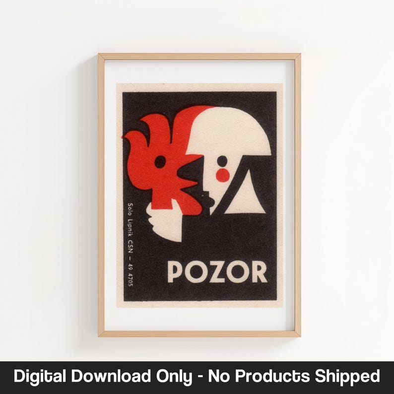 Rooster Face Red Digital Wall Decor: Vintage Matchbox Label Art, Bold ...