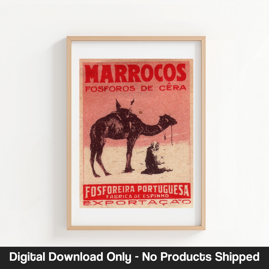 Camel Person Morocco Vintage Matchbox Label: Pink Background Art, Hand ...