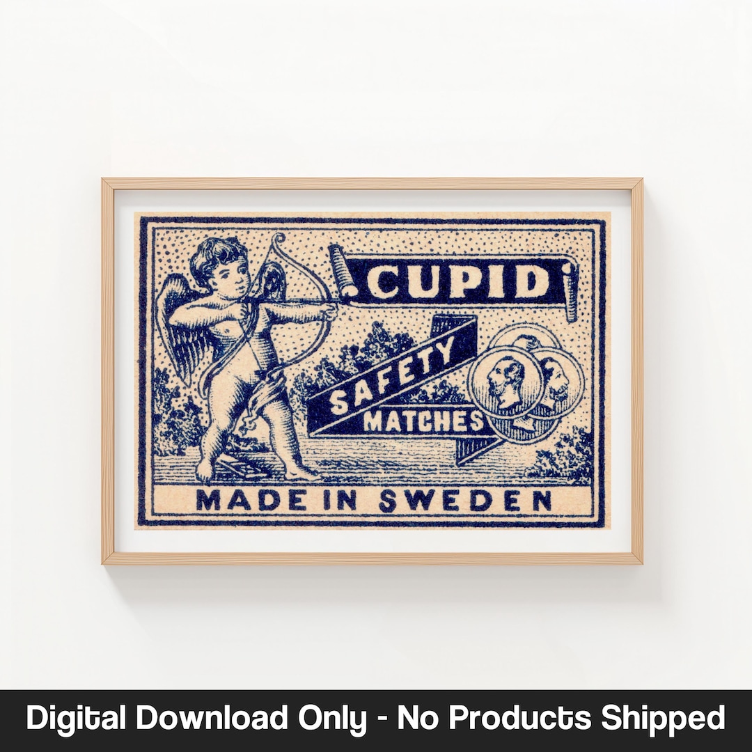 Cherub Bow Arrow Sweden Label: Vintage Blue Cream Illustration ...