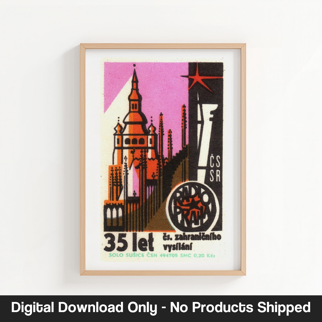 Building Tower Star Matchbox Label: Vintage Radio Praha Design, Pink ...