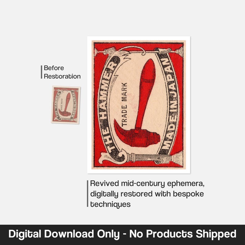 Red Hammer Japan Digital Print, Vintage Matchbox Label, Bold Black Text ...