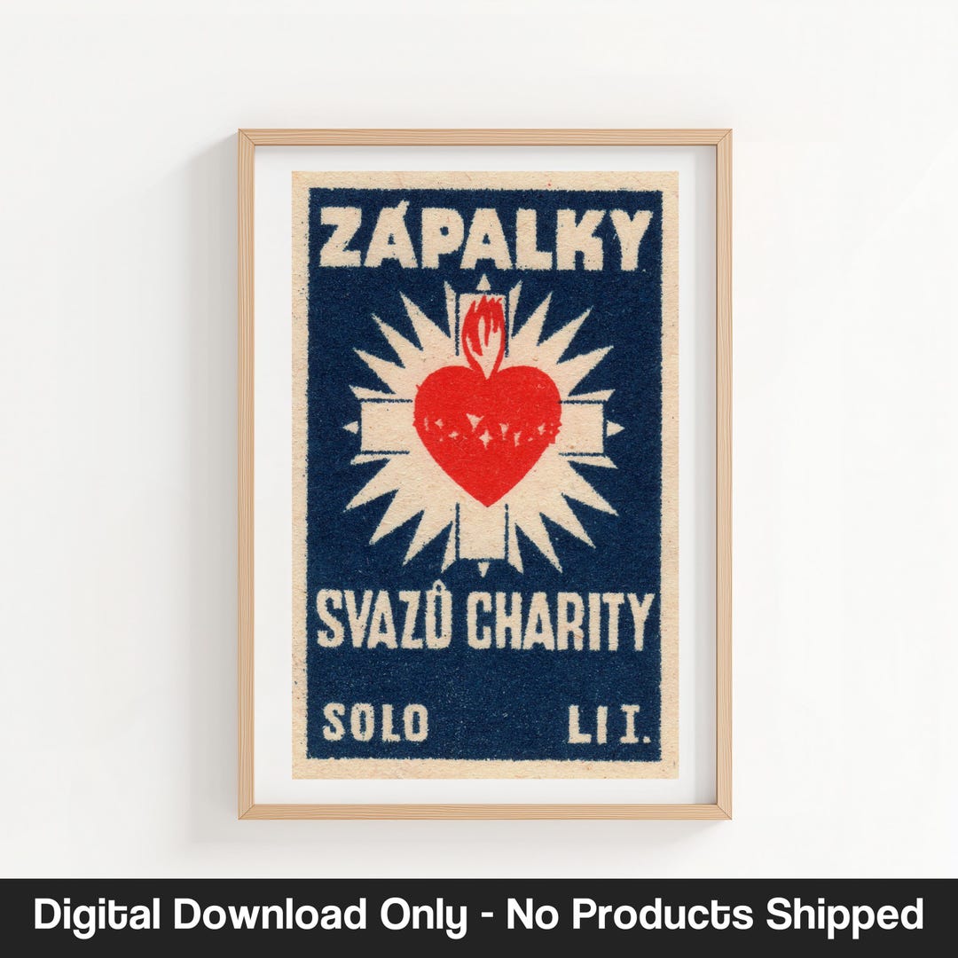 Heart Flame Starburst Matchbox Label Vintage Print, Red Blue Artwork ...