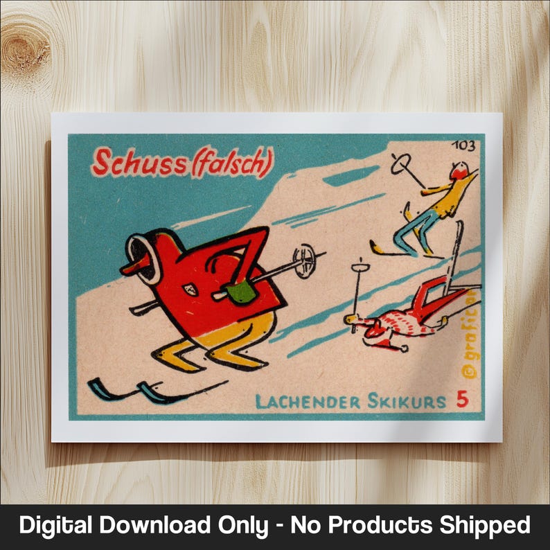 Lachender Skikurs Vintage Ski Poster: Cartoon Skiers Falling - Hand ...