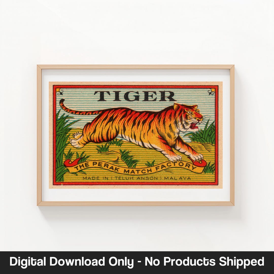 Tiger Dynamic Pose Matchbox Label - Vintage Perak Graphic Art - Bold ...