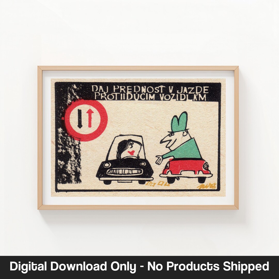 Traffic Sign Cartoonish Scene: Vintage Matchbox Label Art, Red White ...