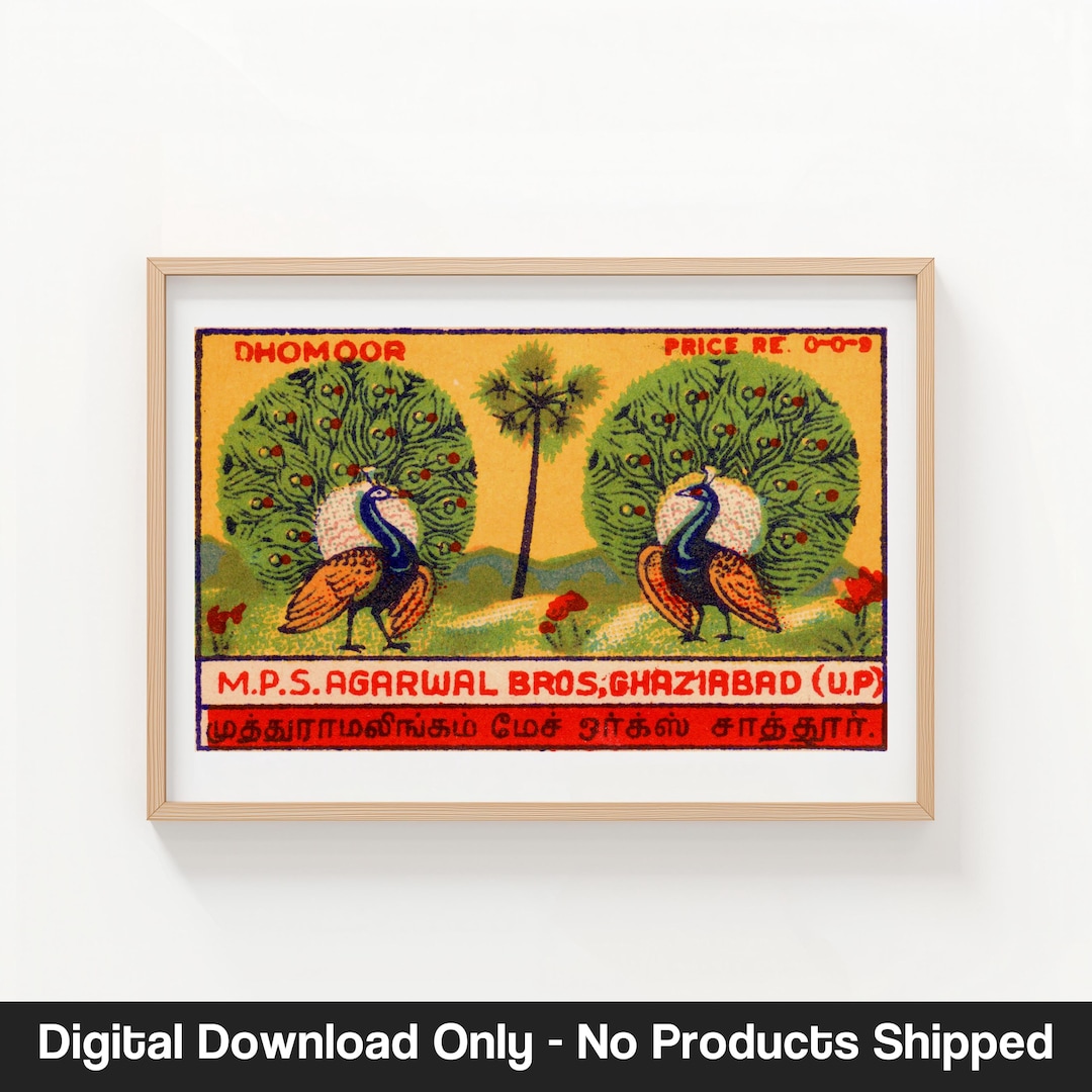 Two Peacocks Vintage Matchbox Label Art, Indian Wildlife Motif (A4 ...