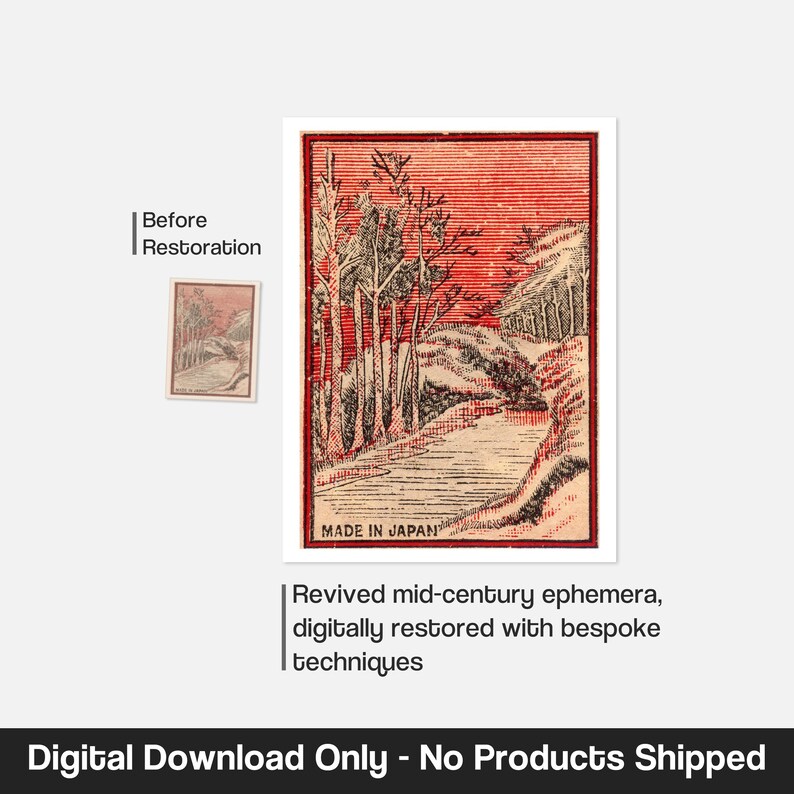 Landscape With Trees Japan Label - Vintage Matchbox Artwork - Red Black ...