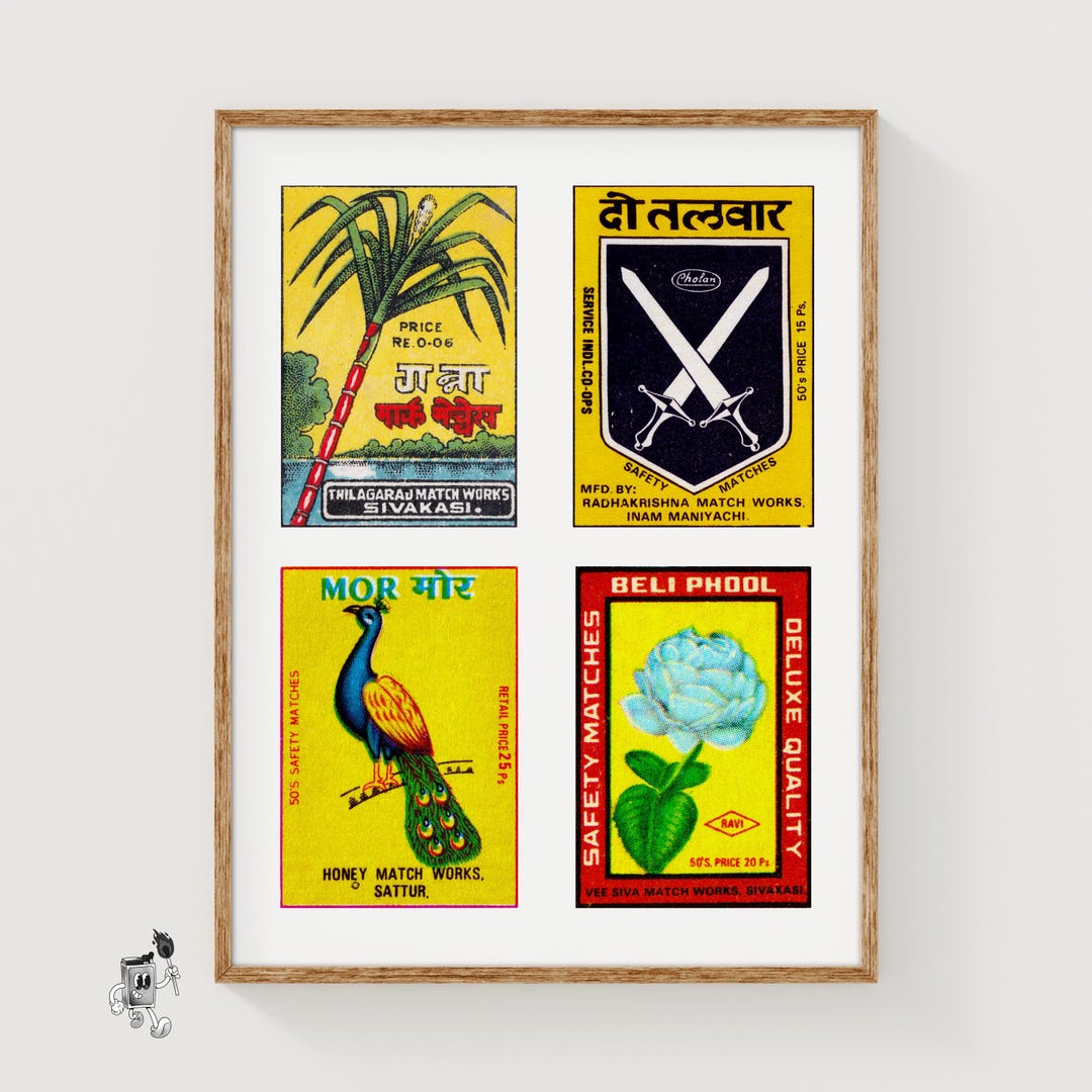 Yellow Hindi Matchbox Labels Grid Print, Vintage Ephemera Poster ...