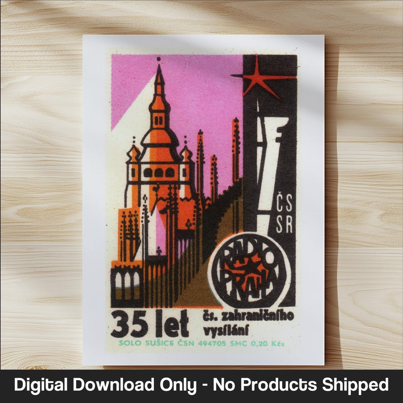 Building Tower Star Matchbox Label: Vintage Radio Praha Design, Pink ...