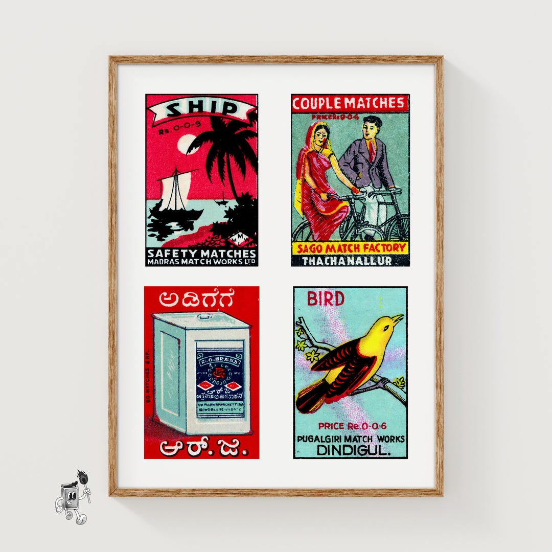 Light Blue Indian Matchbox Labels Grid Print, Vintage Ephemera Poster ...
