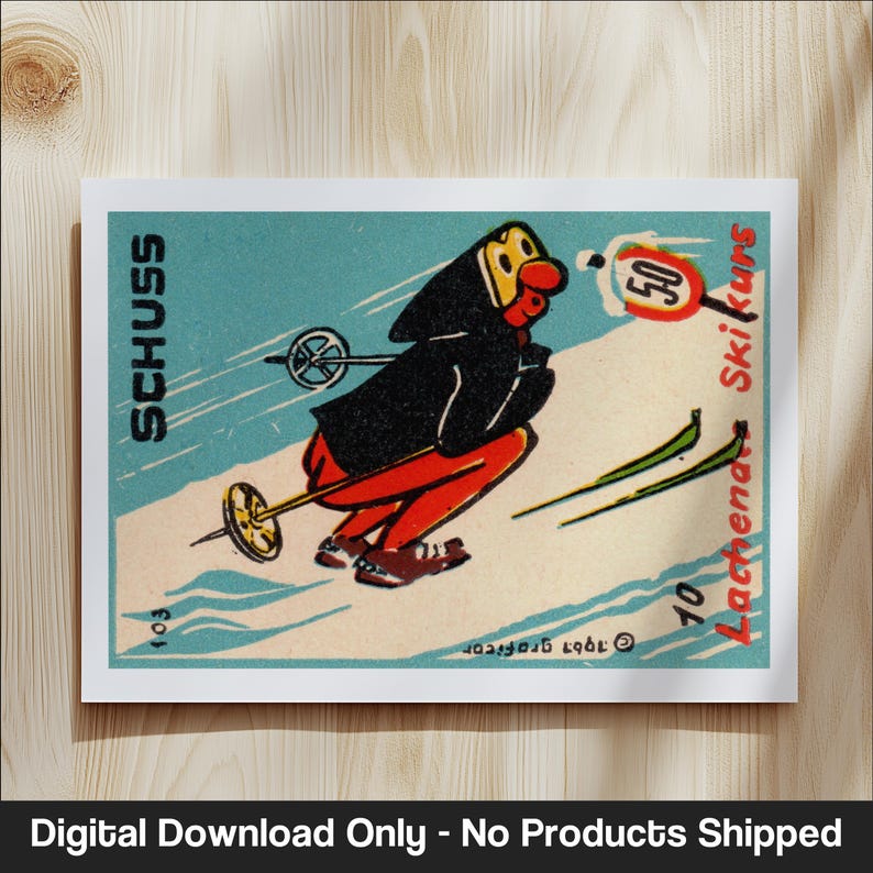 Vintage Matchbox Art Printable Ski Poster Cartoon, Black Coat Red Pants ...