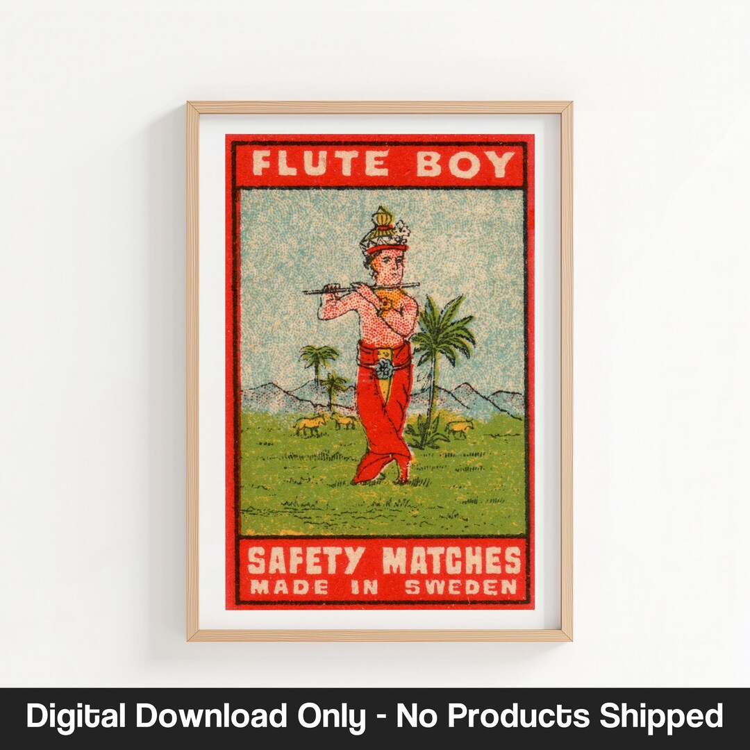 Boy Playing Flute Sweden Label - Vintage Matchbox Art Print - Rustic ...
