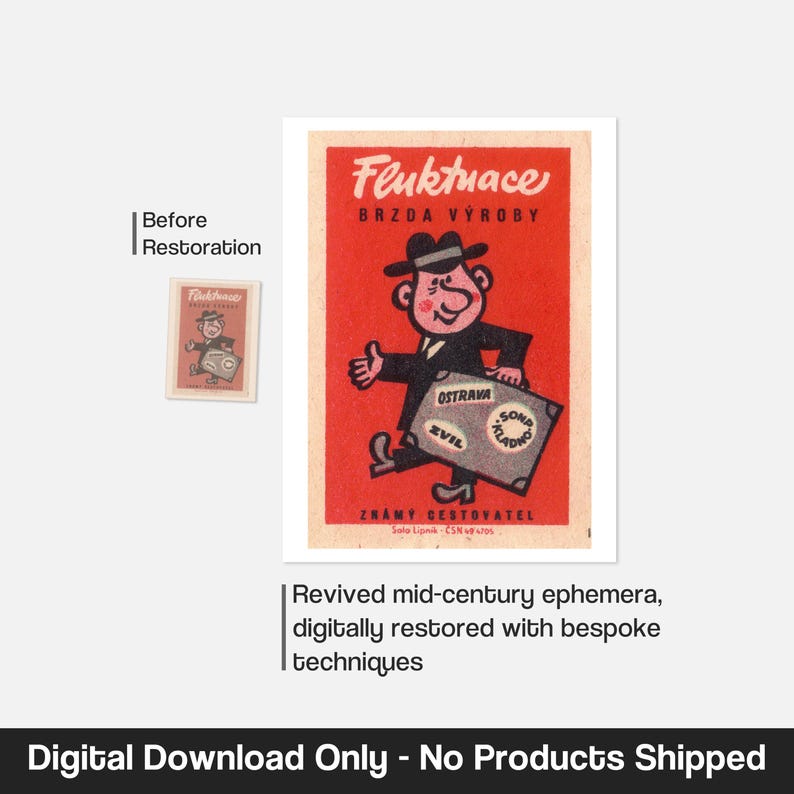 Cartoon Character Suitcase Label: Vintage Matchbox Design - Digital ...