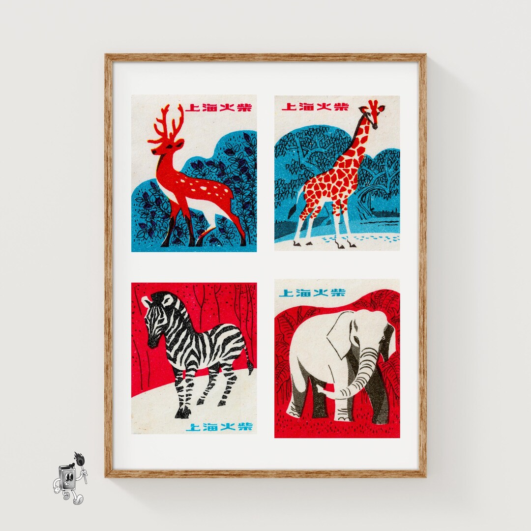 Red Chinese Matchbox Labels Grid Print, Vintage Ephemera Poster, East ...