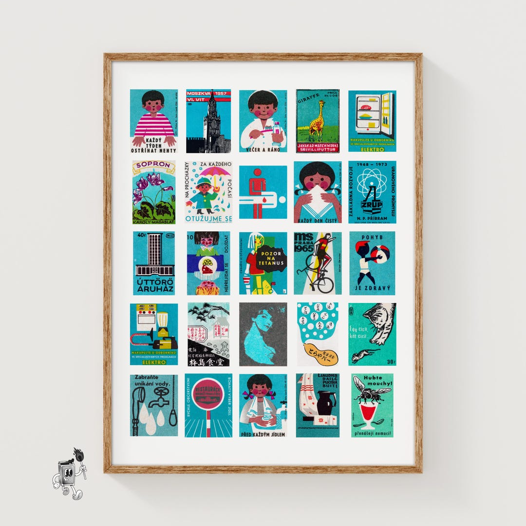 Vintage Matchbox Label Grid Print, International Design, Turquoise ...