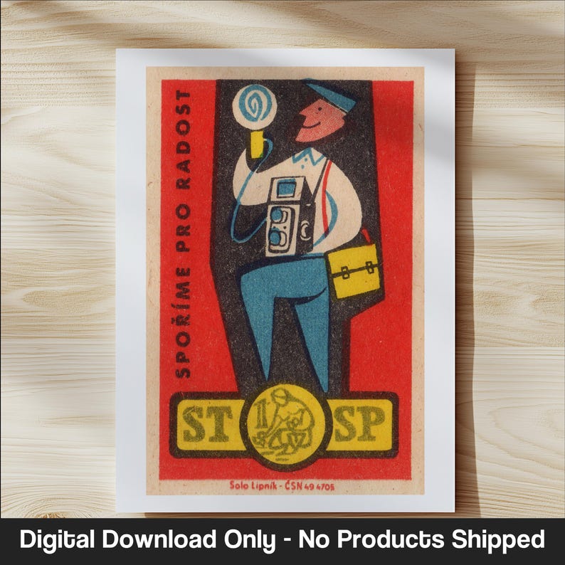 Man Camera Lollipop Label Vintage Matchbox Print, Colorful Graphic ...