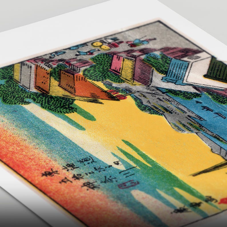 Vintage Matchbox Label River Scene Digital Print, Boats and Houses ...