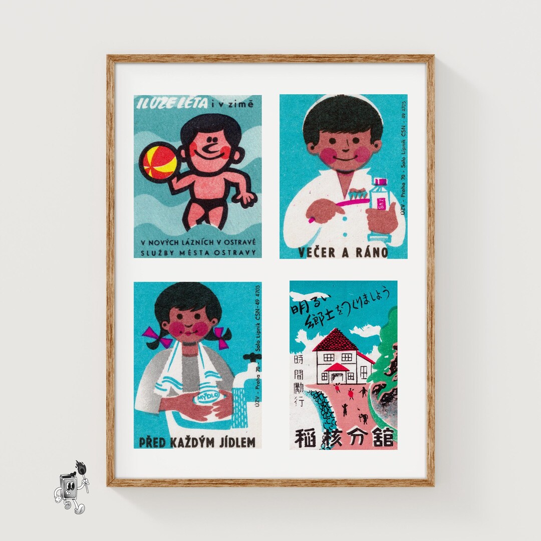 Turquoise & Pink Matchbox Labels Grid Print, Vintage Ephemera Poster ...