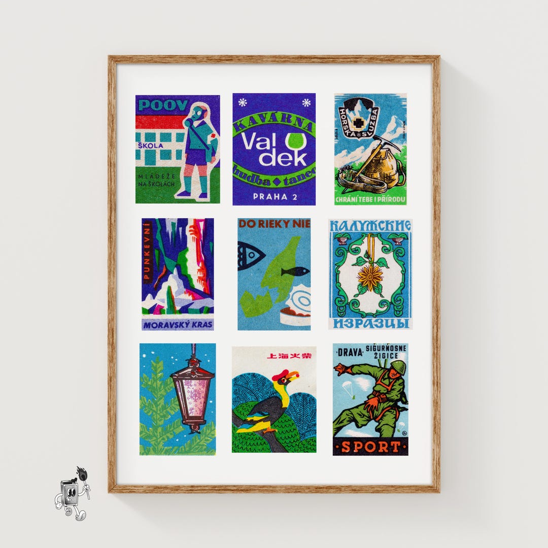 Blue and Green Matchbox Labels Grid Print, Vintage Poster ...