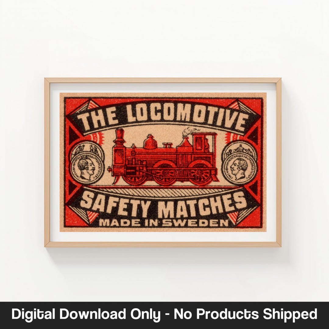 Red Steam Locomotive Vintage Matchbox Art - Retro Train Poster, Hand ...
