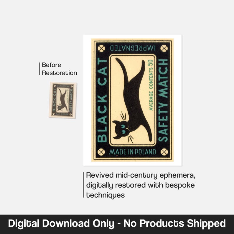 Black Cat Matchbox Label - Vintage Polish Design Digital Print - Blue ...