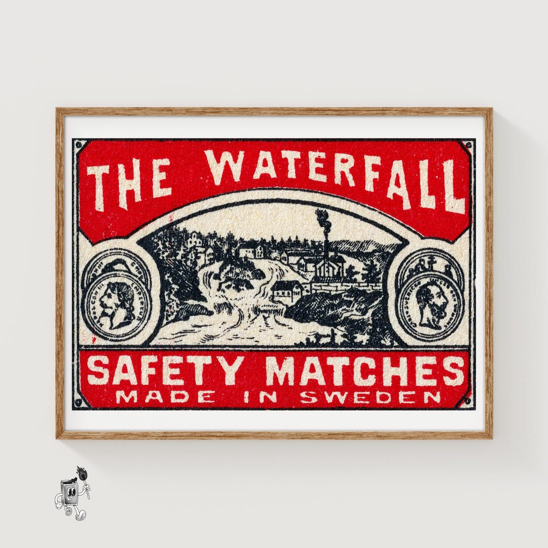 Waterfall With Industrial Landscape - Vintage Swedish Matchbox Label ...