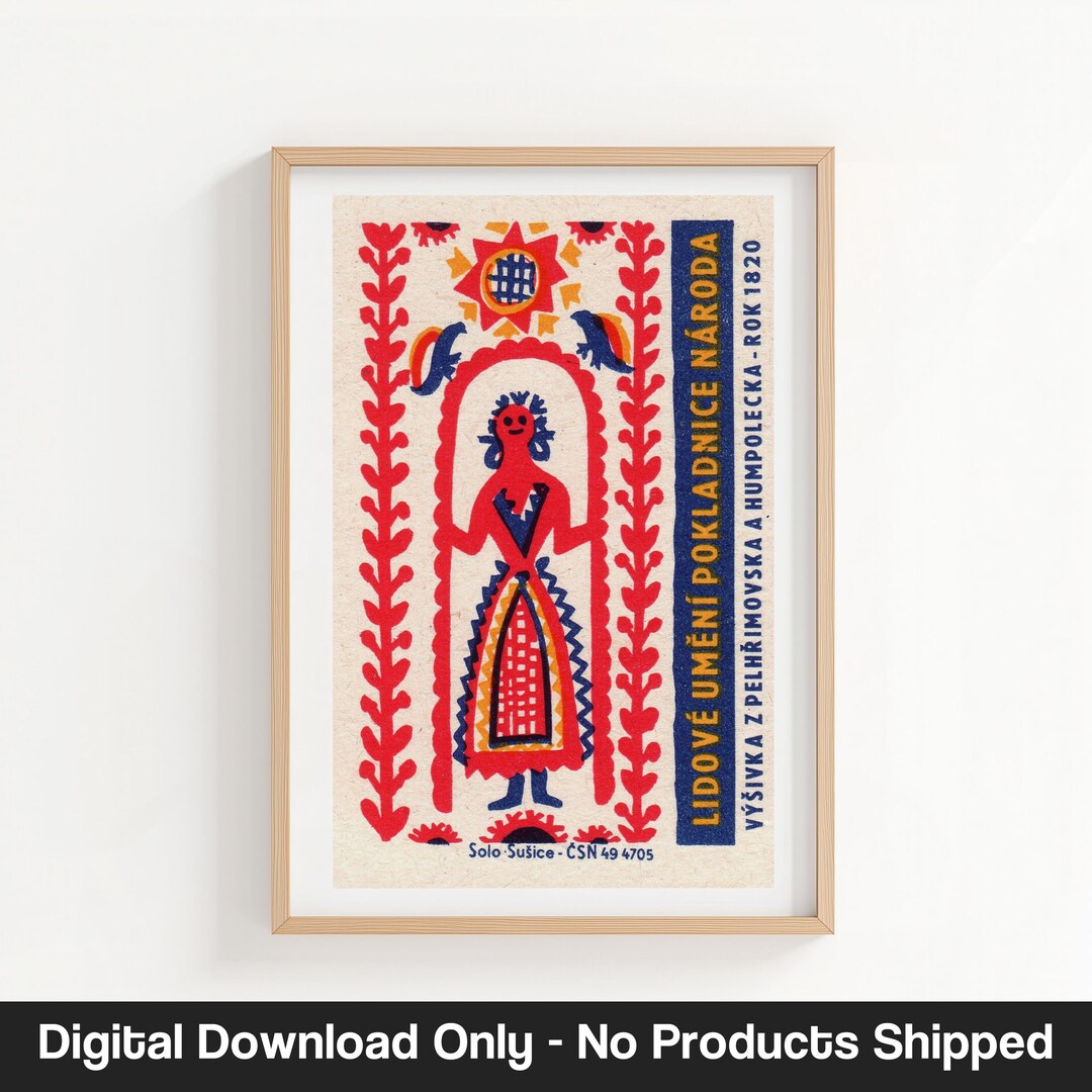 Smiling Figure Dress - Colorful Folk Art Matchbox Label - Red Blue ...