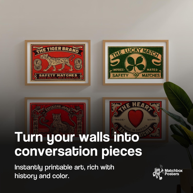 Tiger Walking Kobe Vintage Matchbox Art, Red Black White Illustration ...