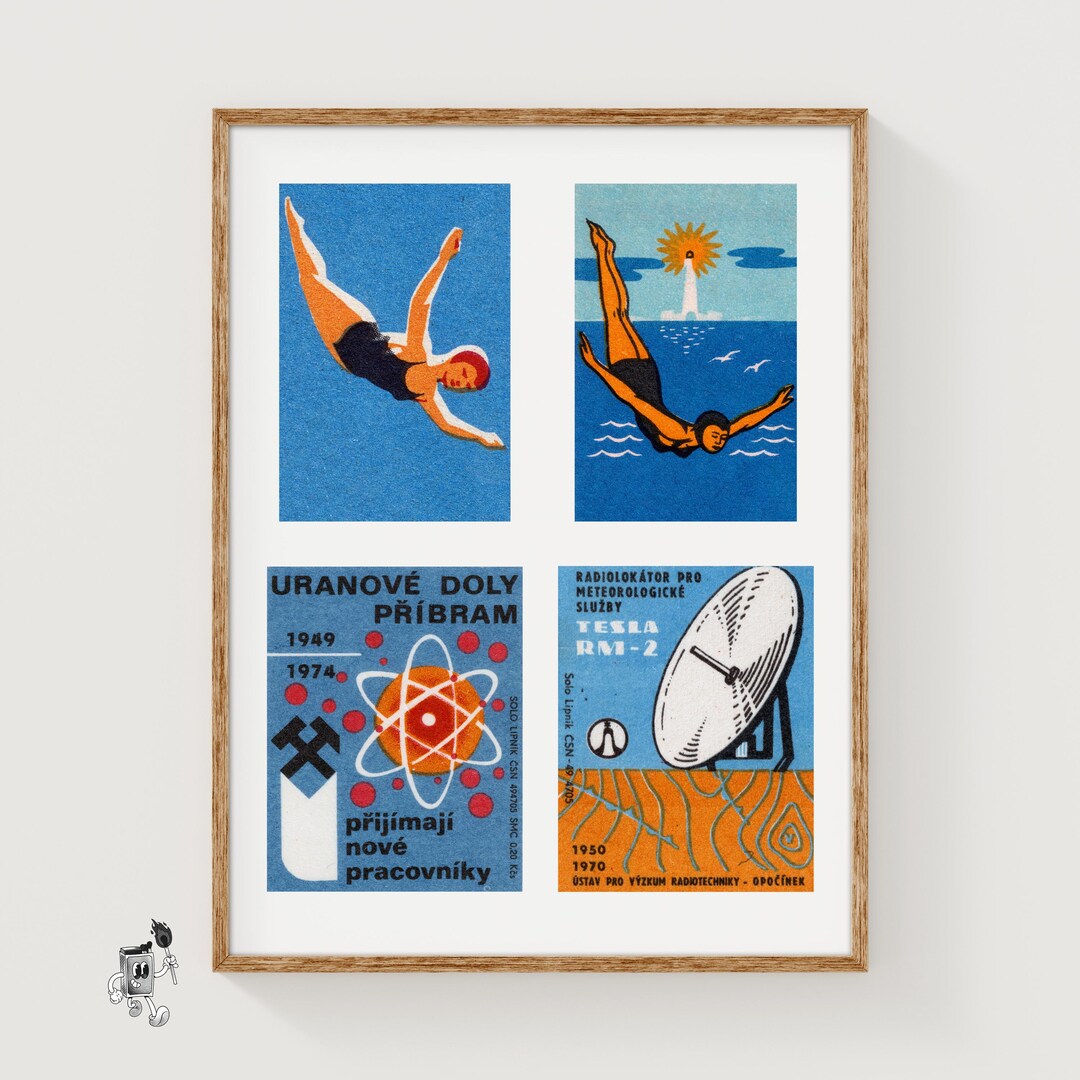 Blue & Orange Matchbox Labels Grid Print, Vintage Ephemera Poster ...