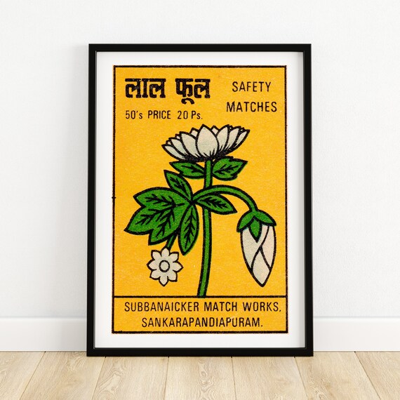 White Flowers Matchbox Print India Wall Art Vintage - Etsy