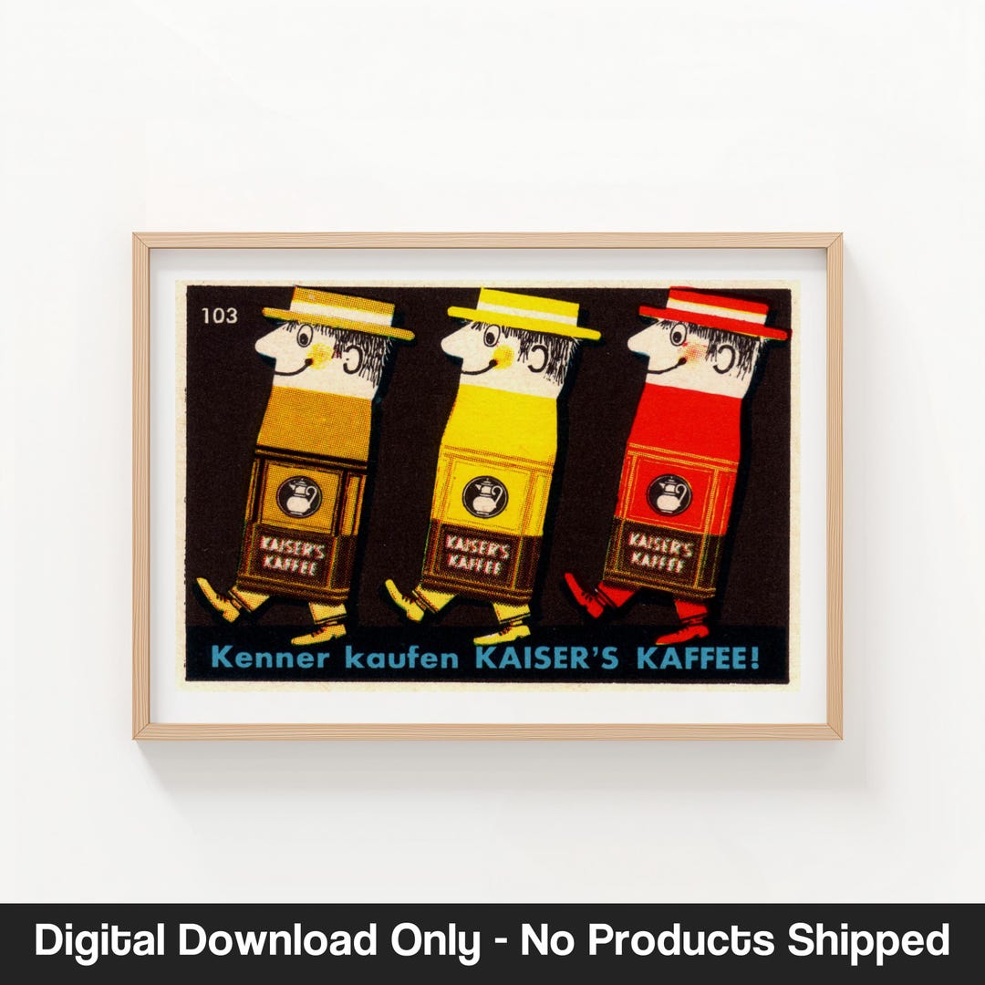 Vintage Coffee Label - Kaisers Kaffee Walking Figures Matchbox Print ...