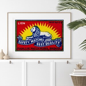 Blue Lion Matchbox Print Aesthetic Wall Art Vintage India Art Matchbox ...