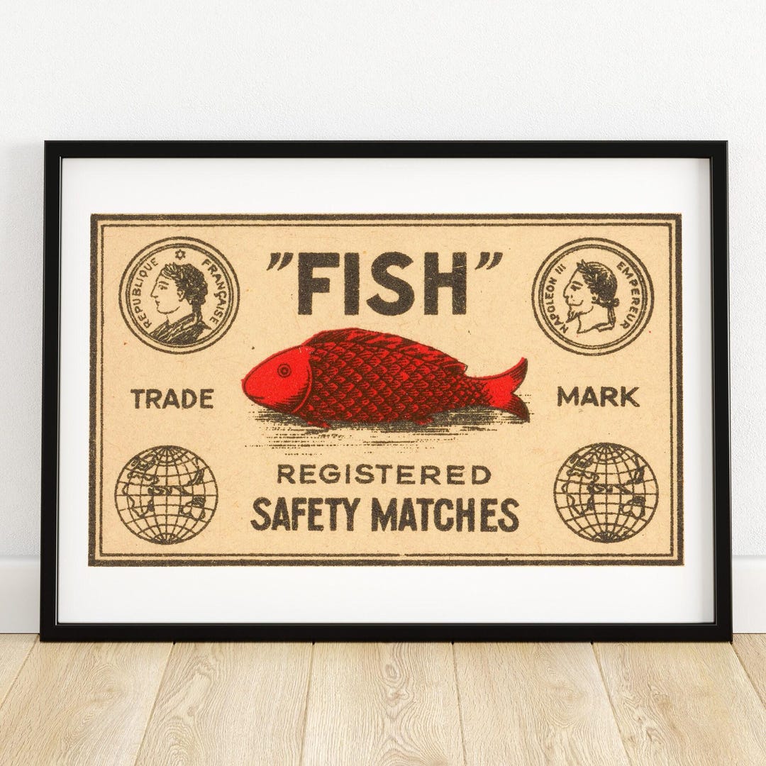 Fish Matchbox Art Print | Vintage Safety Match Label Decor | Retro Red ...