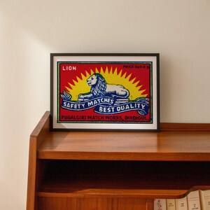 Blue Lion Matchbox Print Aesthetic Wall Art Vintage India Art Matchbox ...
