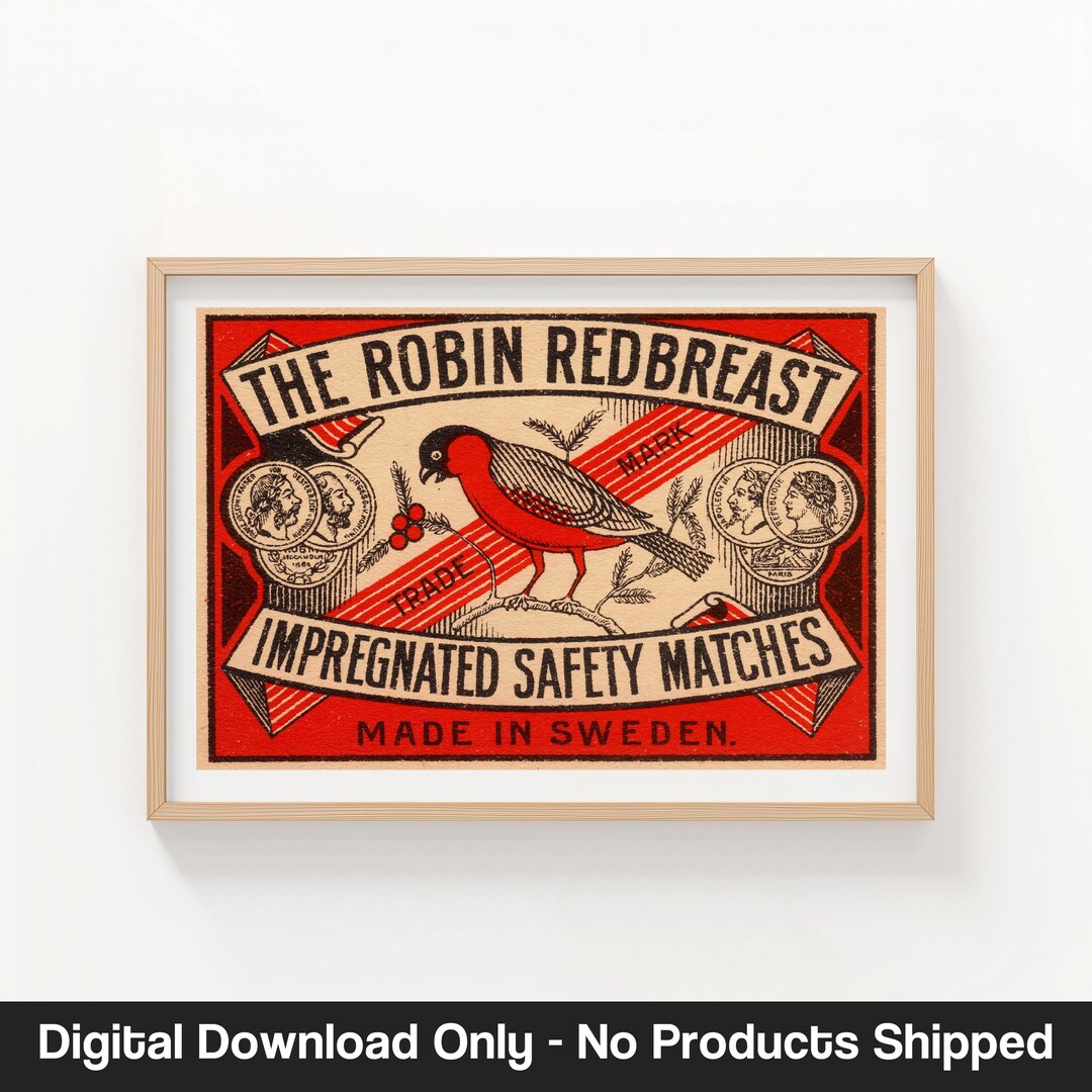 Robin Bird Sweden Matchbox Label - Vintage Redbreast Illustration ...
