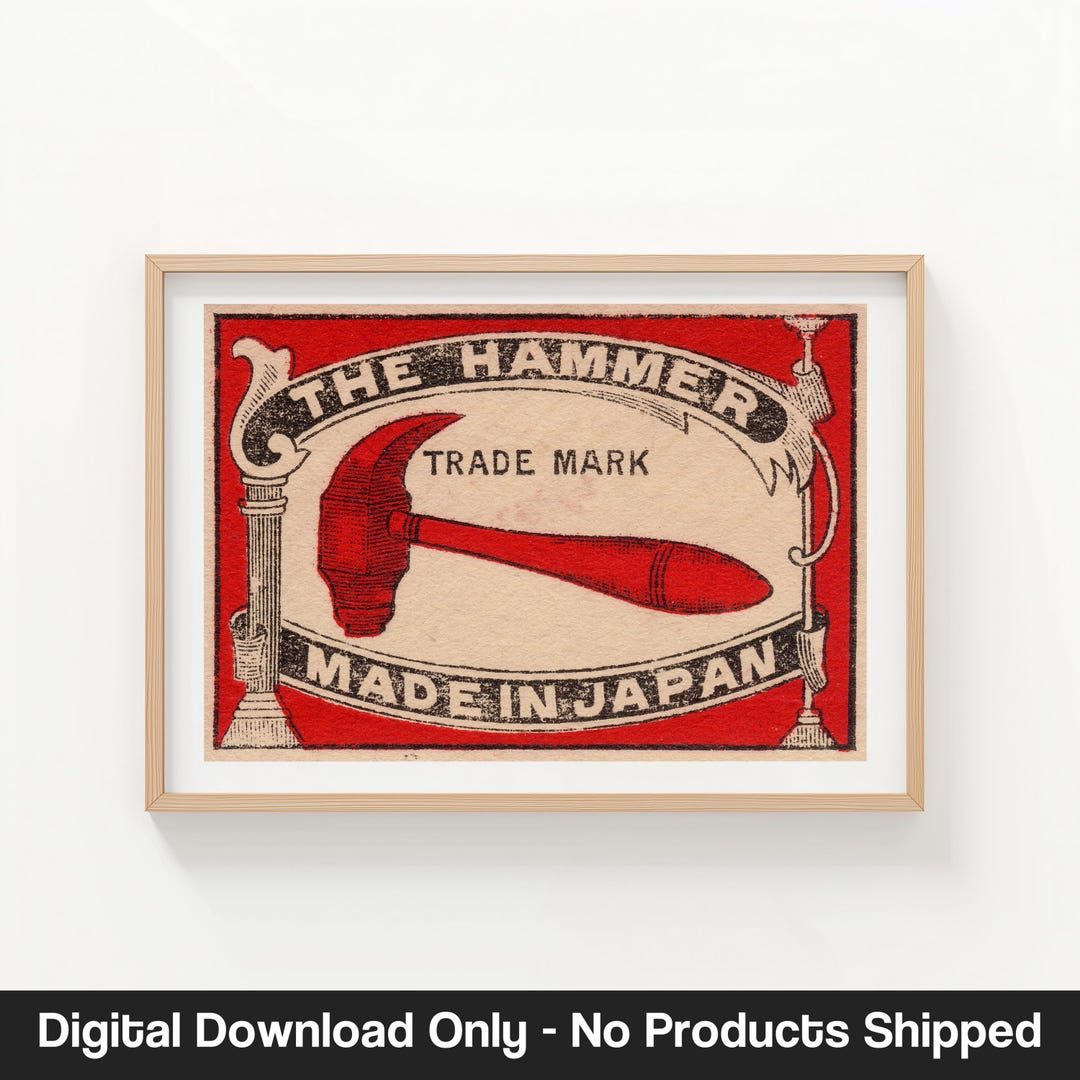 Red Hammer Japan Digital Print, Vintage Matchbox Label, Bold Black Text ...