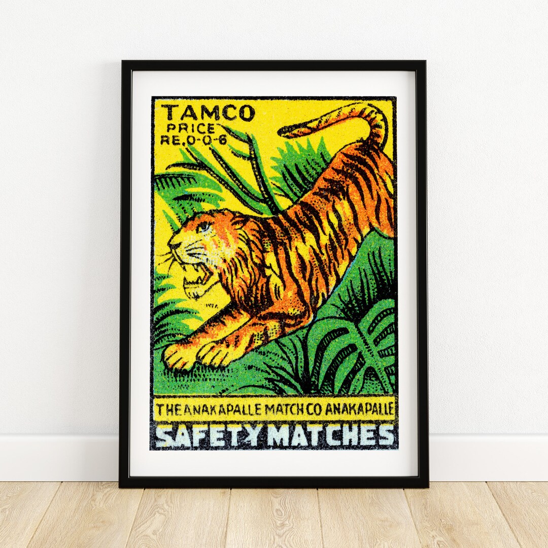 Yellow Tiger Matchbox Print Aesthetic Wall Art Vintage India Art ...
