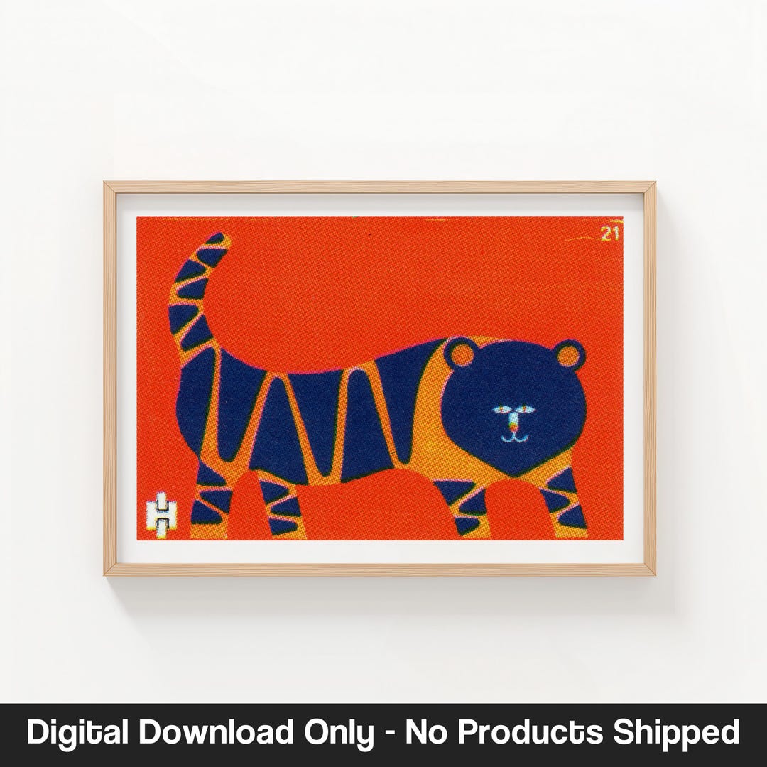 Tiger Matchbox Label Digital Print, Stylized Blue Yellow Tiger, Red ...