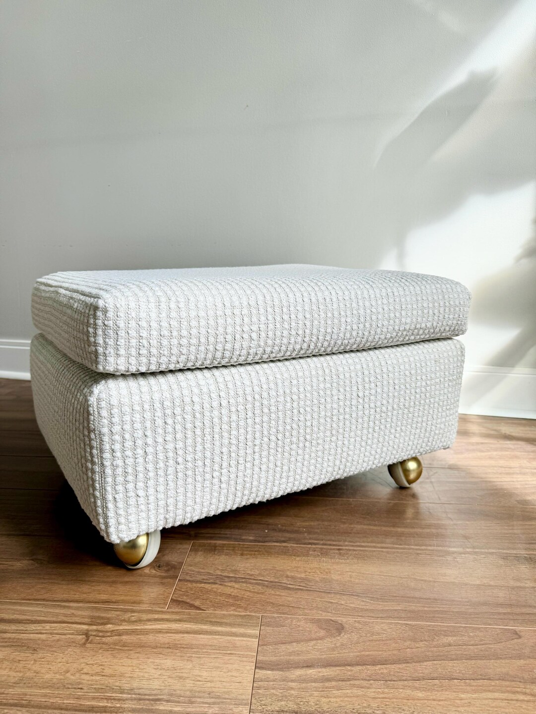 MCM Reupholstered Vintage Ottoman on Brass Ball Castors, Attached ...