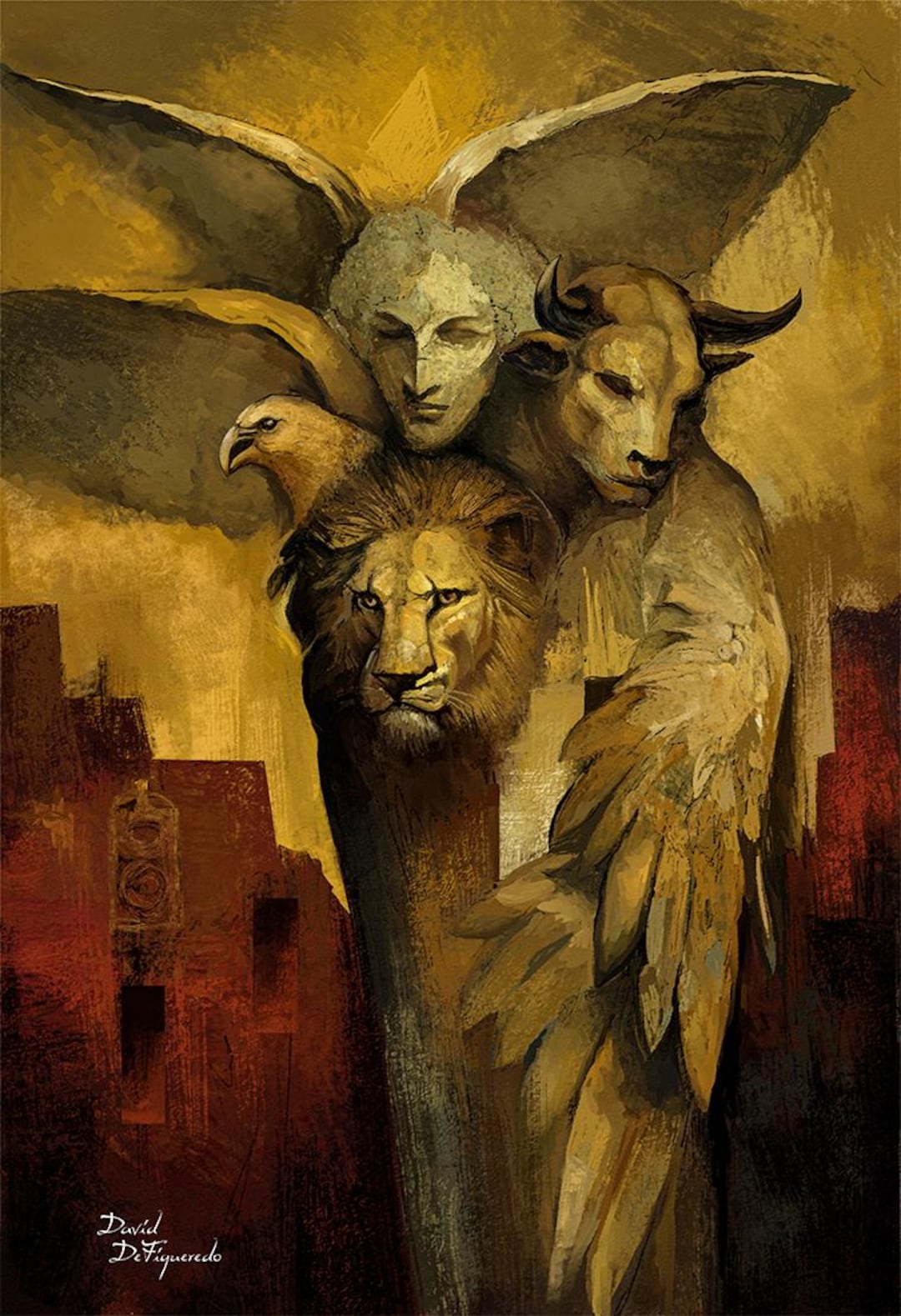 Four-faced Guardian Art Print: Mythic Cherubim, Symbolic Creature - Etsy